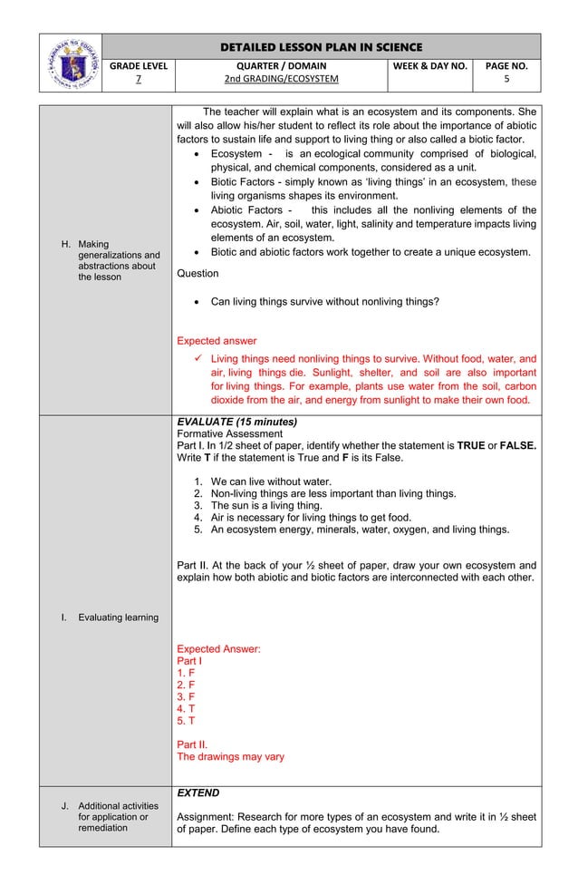 LESSON PLAN SCIENCE 7 ECOSYSTEM BIOTOC AND ABIOTIC FACTORS | DOCX | Environment | Science