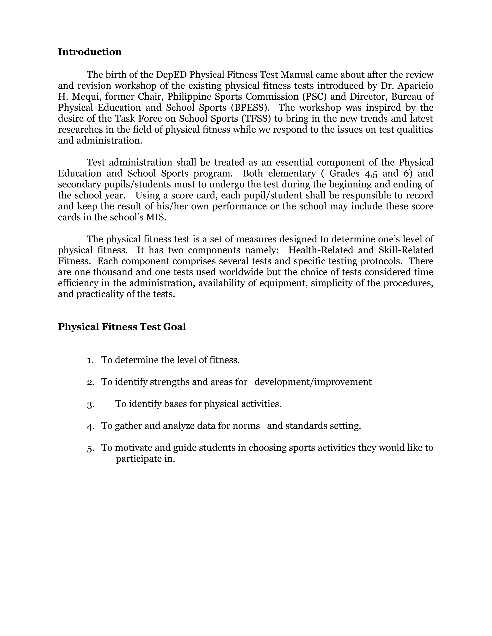 Final dep ed physical fitness test | DOC