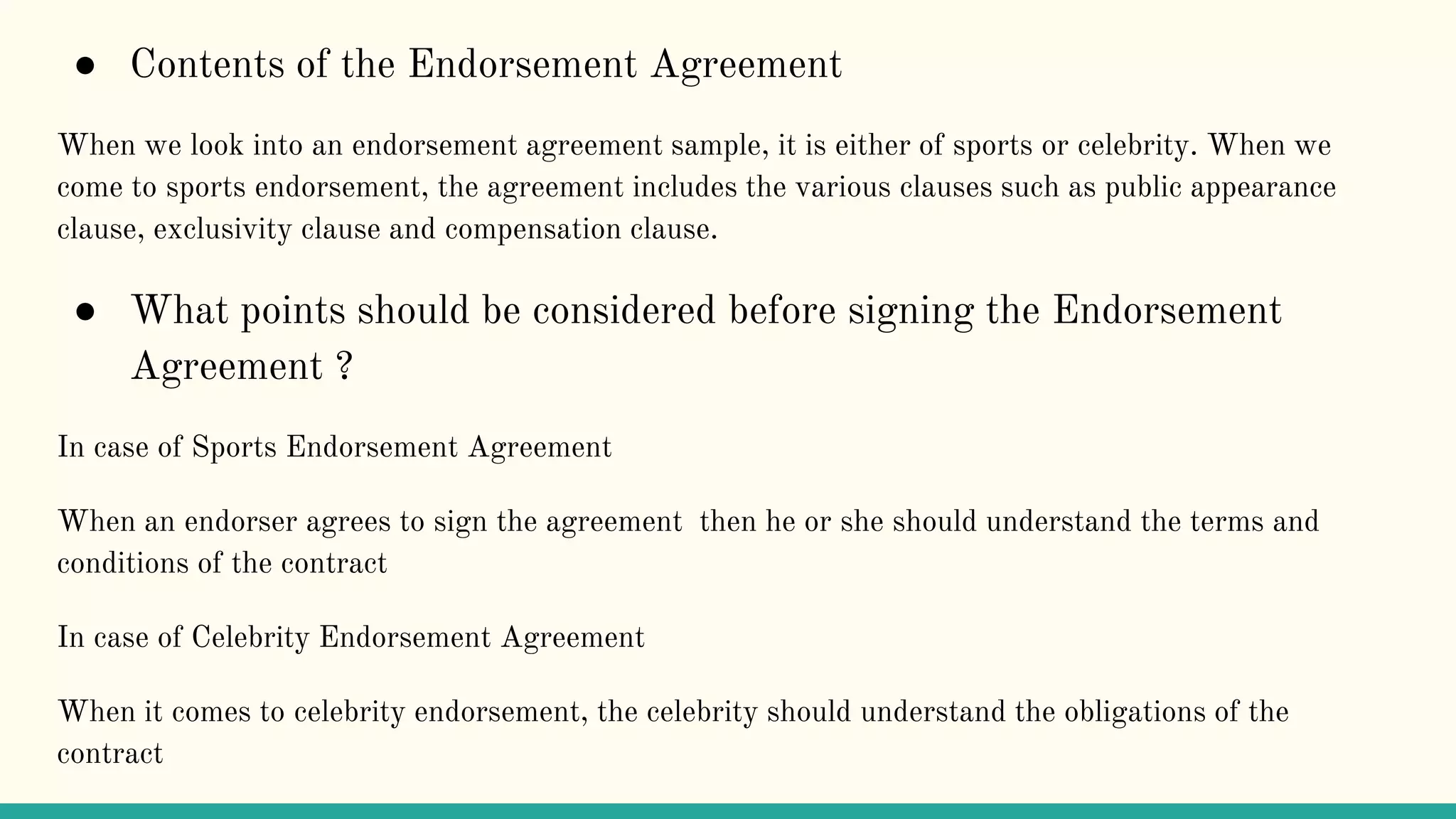 Essential clauses of endorsement agreement | PPTX