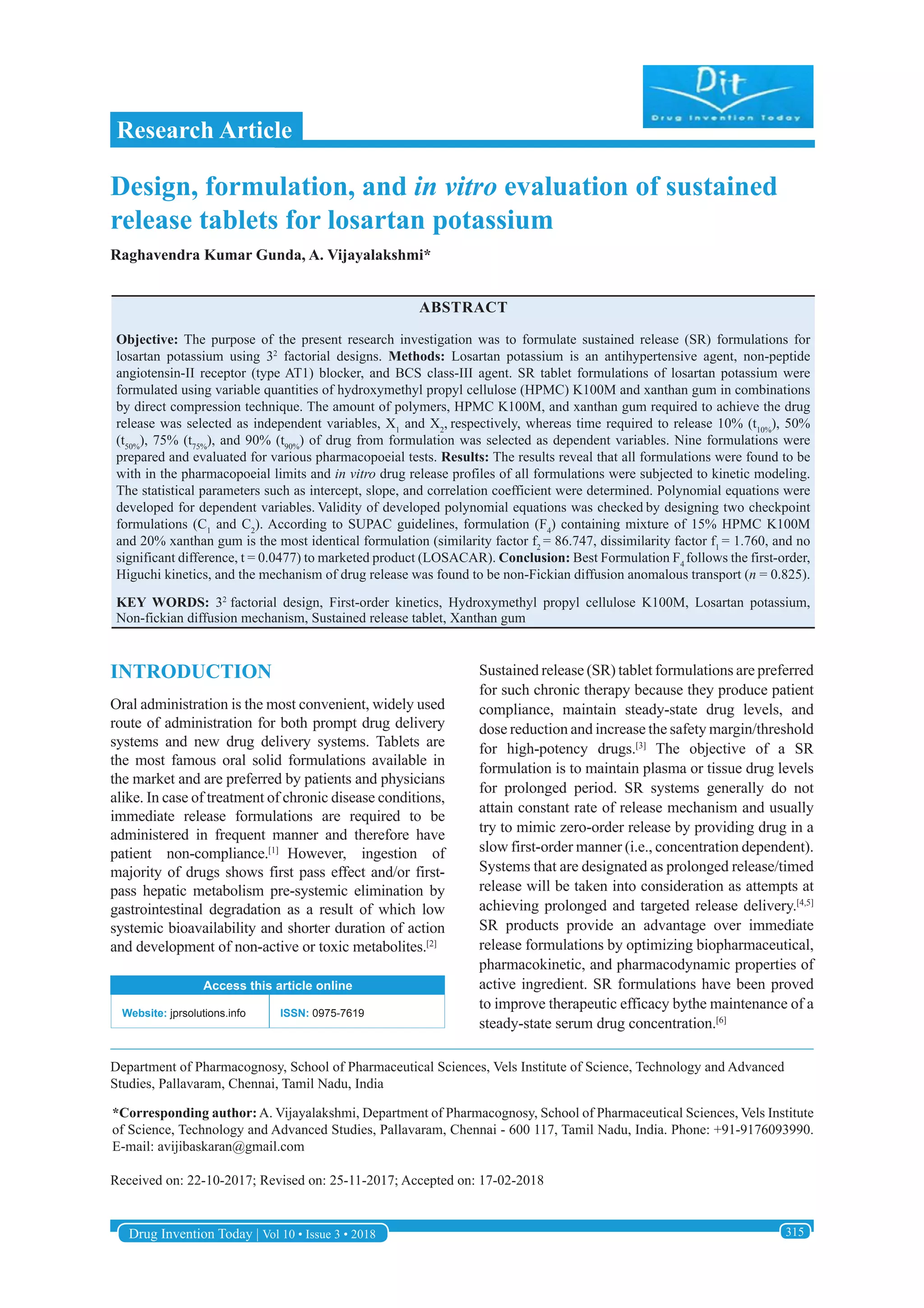Design Formulation And In Vitro Evaluation Of Sustained Release Tablets For Losartan Potassium