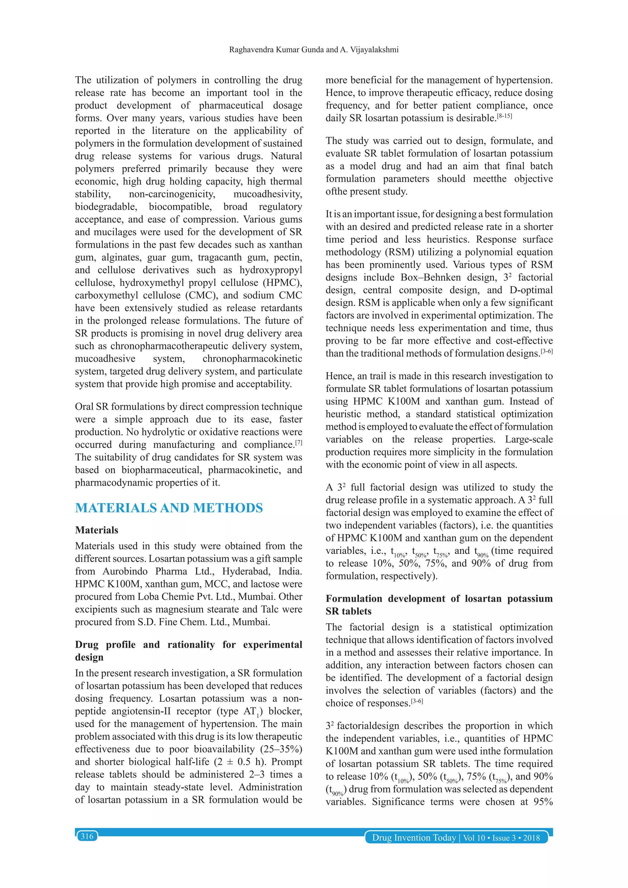 Design Formulation And In Vitro Evaluation Of Sustained Release Tablets For Losartan Potassium