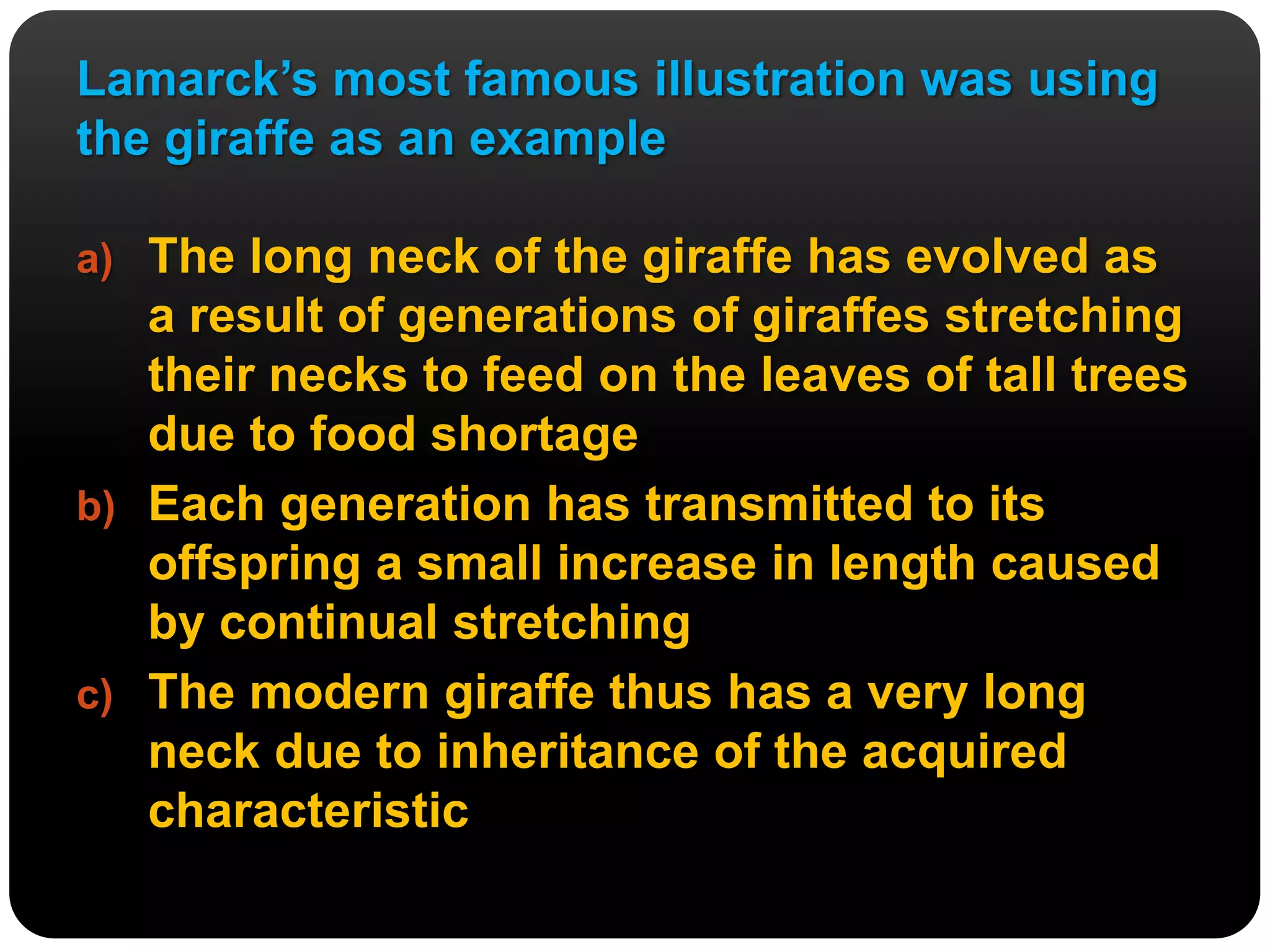 Jean Baptiste Lamarck's theory of inheritance of acquired characters | PPTX