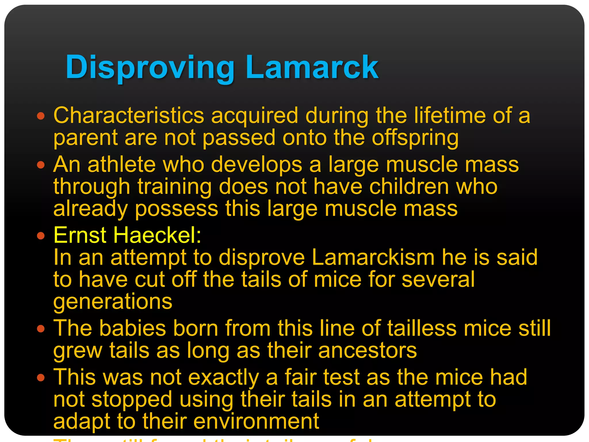 Jean Baptiste Lamarck's theory of inheritance of acquired characters | PPTX