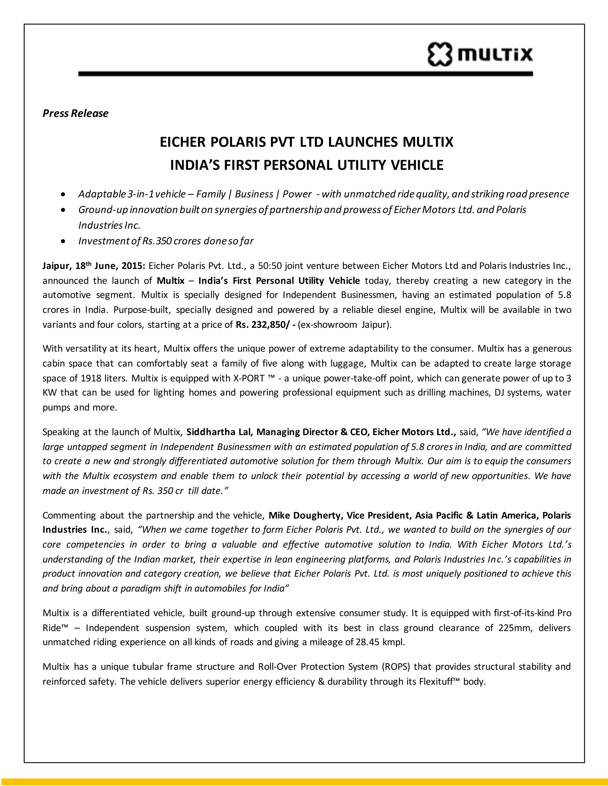 Eicher Polaris Multix press release | PDF
