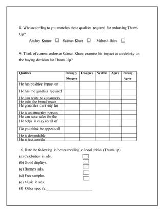 Final questionnaire on celebrity endorser for thums up | DOCX