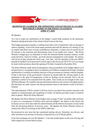 RESPONSE BY LEADER OF THE OPPOSITION HON PHILIP J PIERRE TO THE POLICY ...
