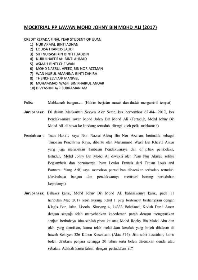 CONTOH SKRIP MOCKTRIAL OLEH FINAL YEAR UUM STUDENT | DOCX