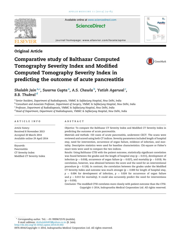Comparative study of Balthazar Computed Tomography Severity Index and ...