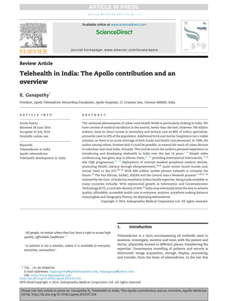 Telehealth in India: The Apollo contribution and an overview | PDF