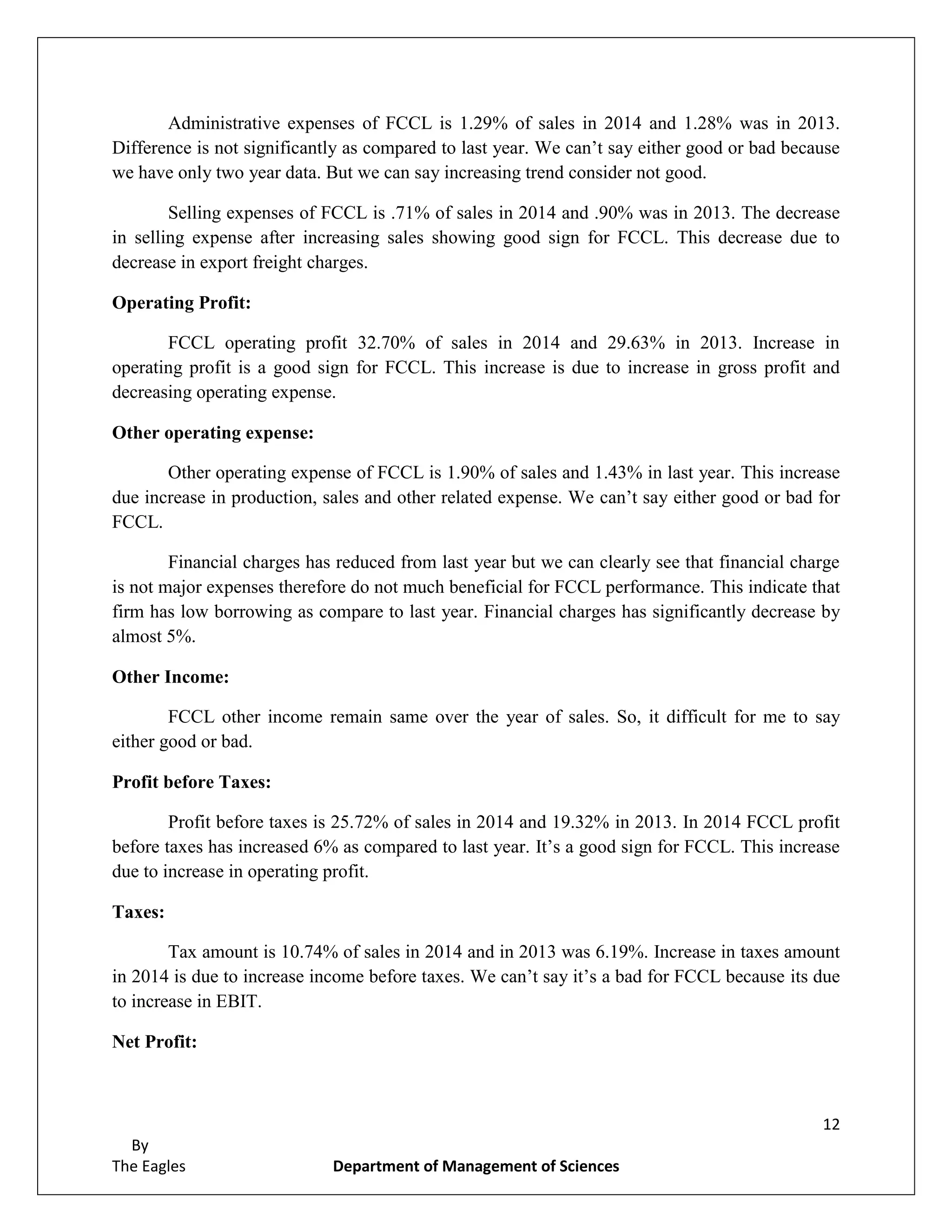 Financial Statement Analysis( Report FCCL Vertical/Horizontal and ratio Analysis) | PDF