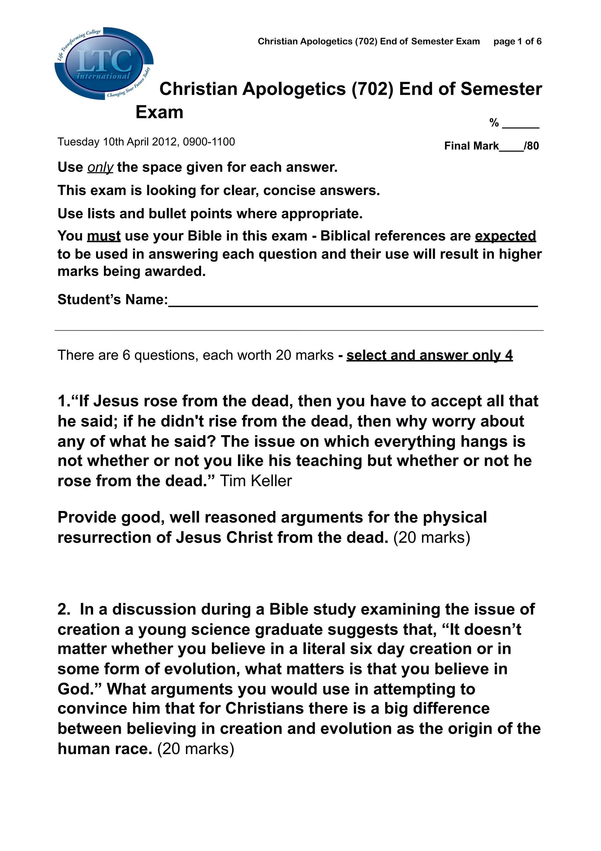 Christian Apologetics: Final Exam april 2012 | PDF