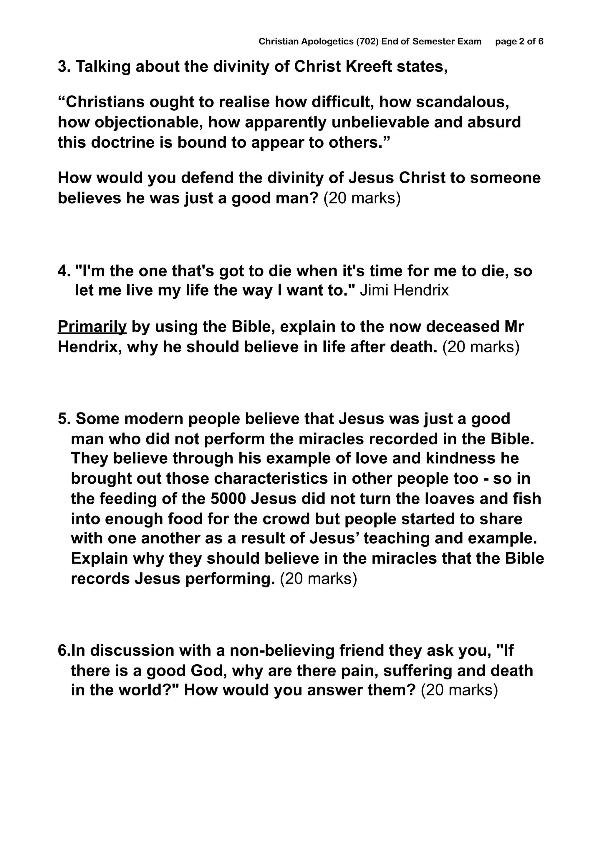 Christian Apologetics: Final Exam april 2012 | PDF