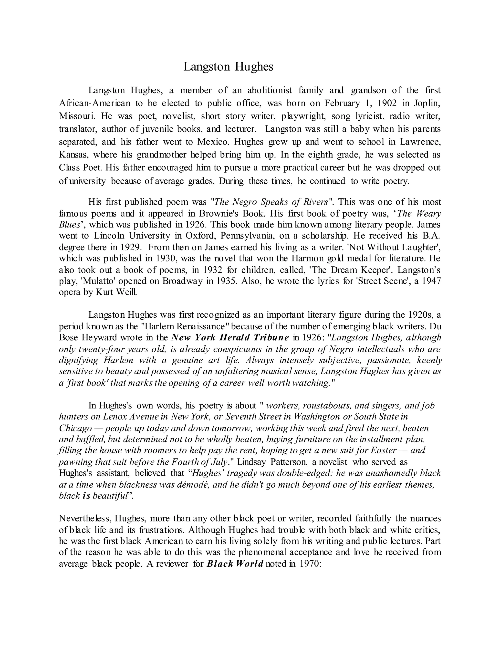 Langston Hughes and 'A Dream Deferred ' | DOCX | Music | Entertainment