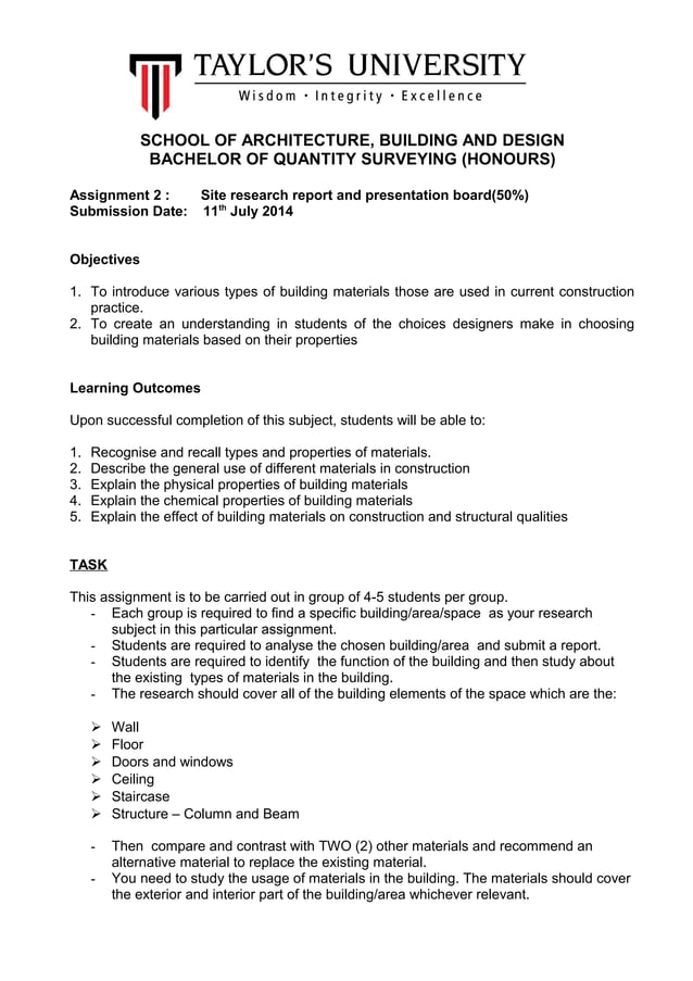 Building Materials - Final assignment 2 brief | DOC