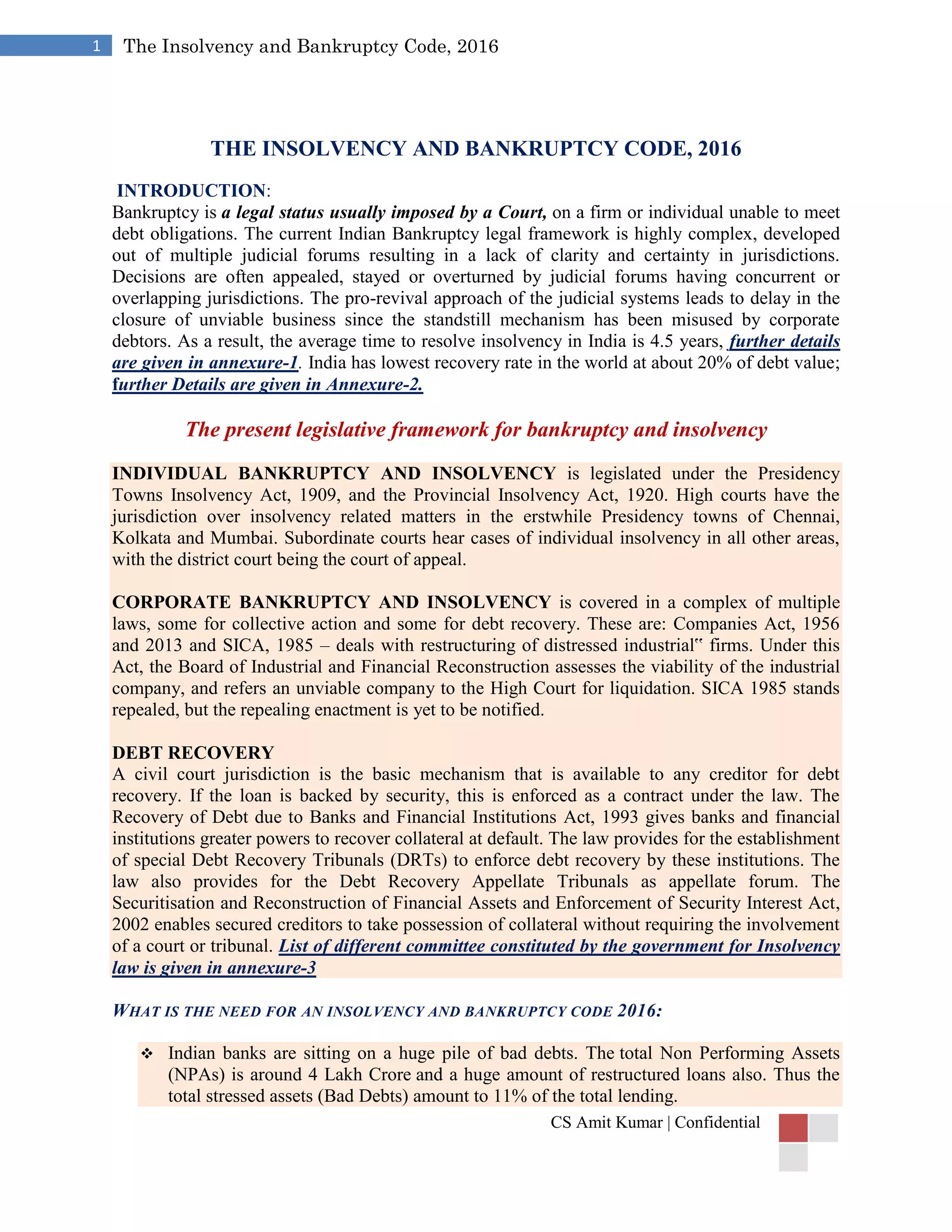 The Insolvency and Bankruptcy Code, 2016 Explained | PDF