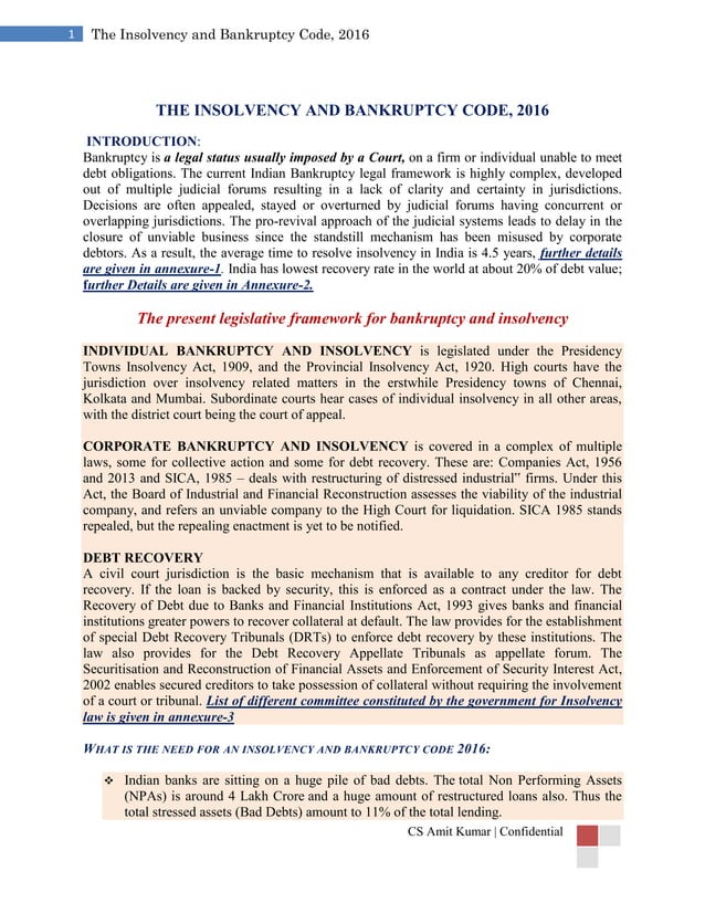 The Insolvency and Bankruptcy Code, 2016 Explained | PDF