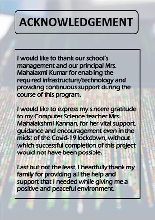 Class 12 CBSE Computer Science Investigatory Project | PDF