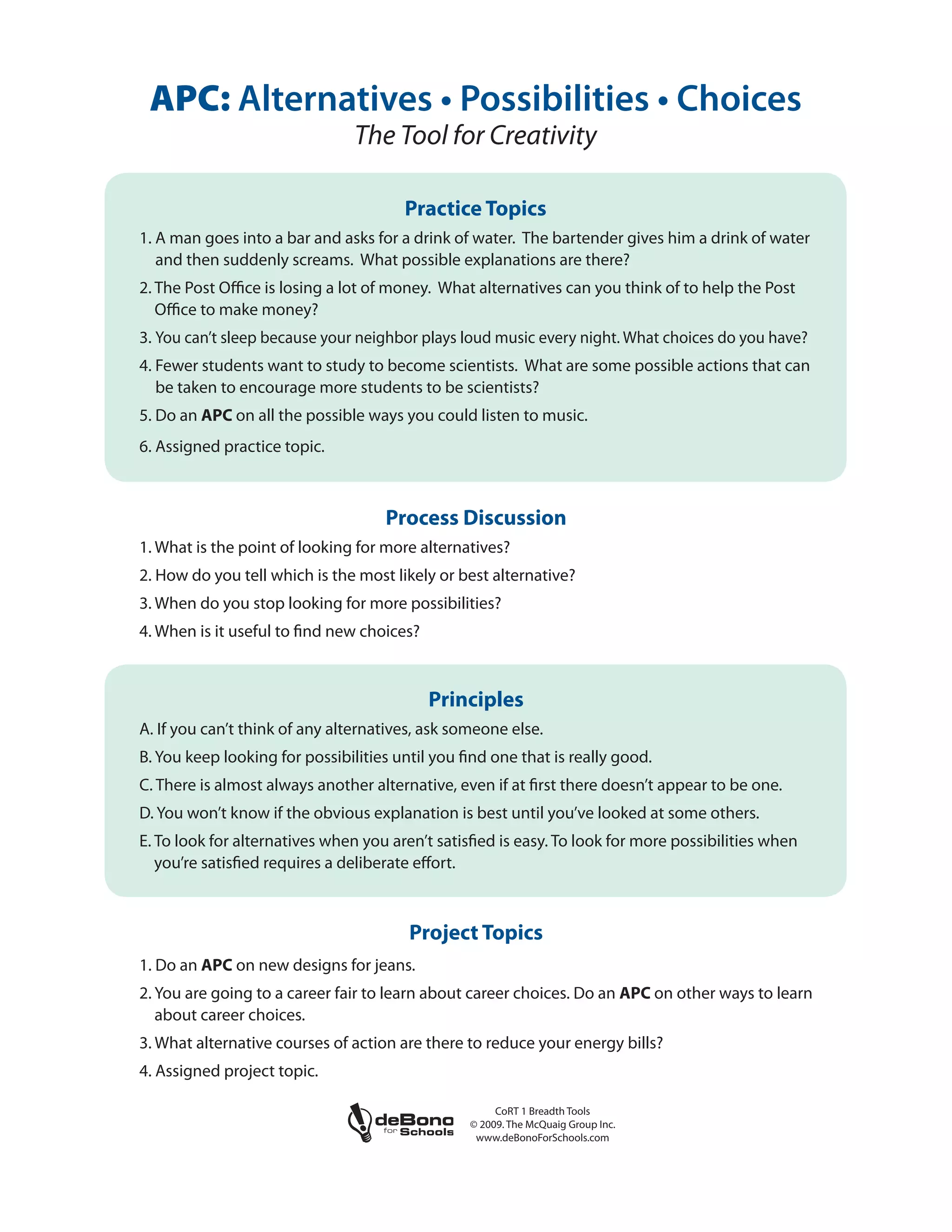 CoRT 1 Breadth Thinking Tools Workbook | PDF