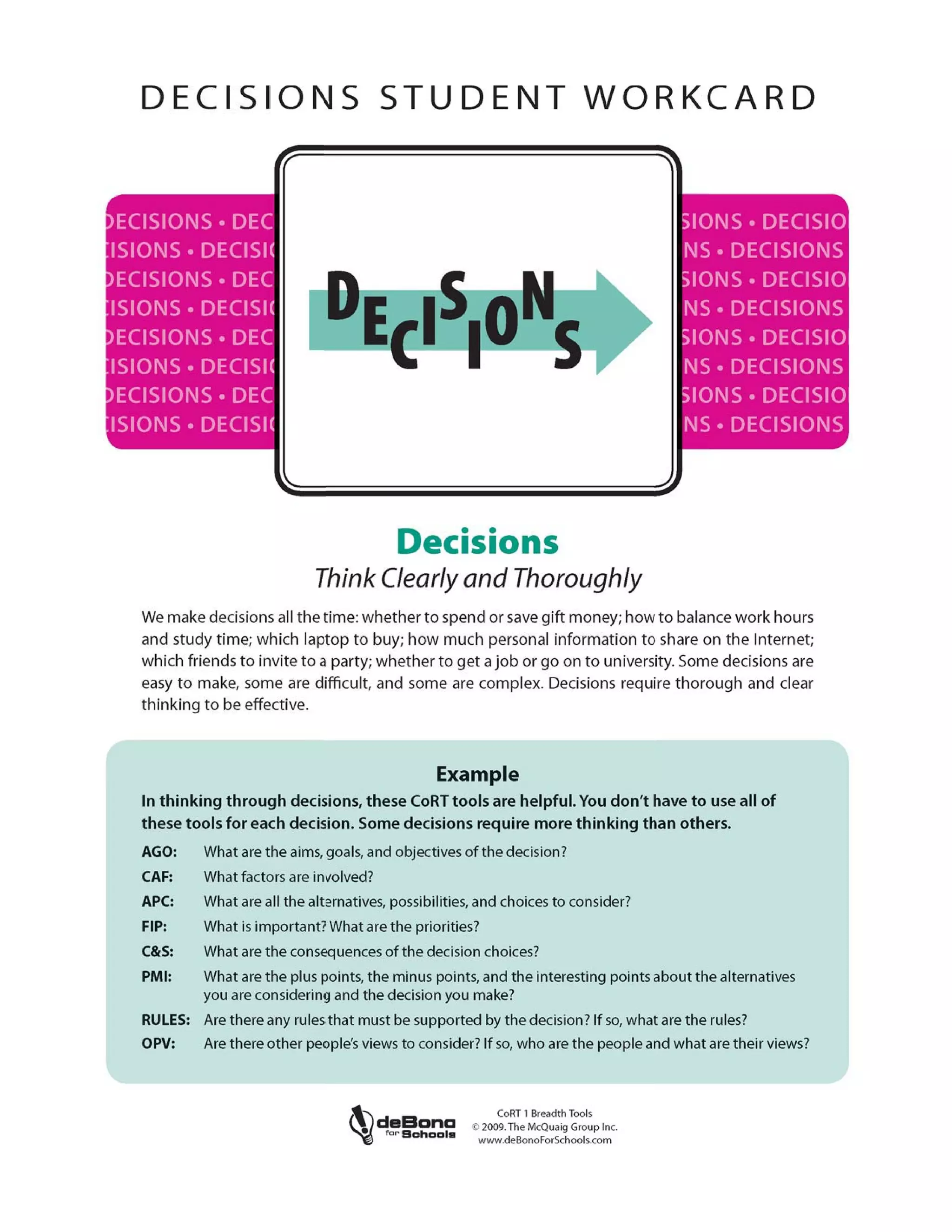 CoRT 1 Breadth Thinking Tools Workbook | PDF