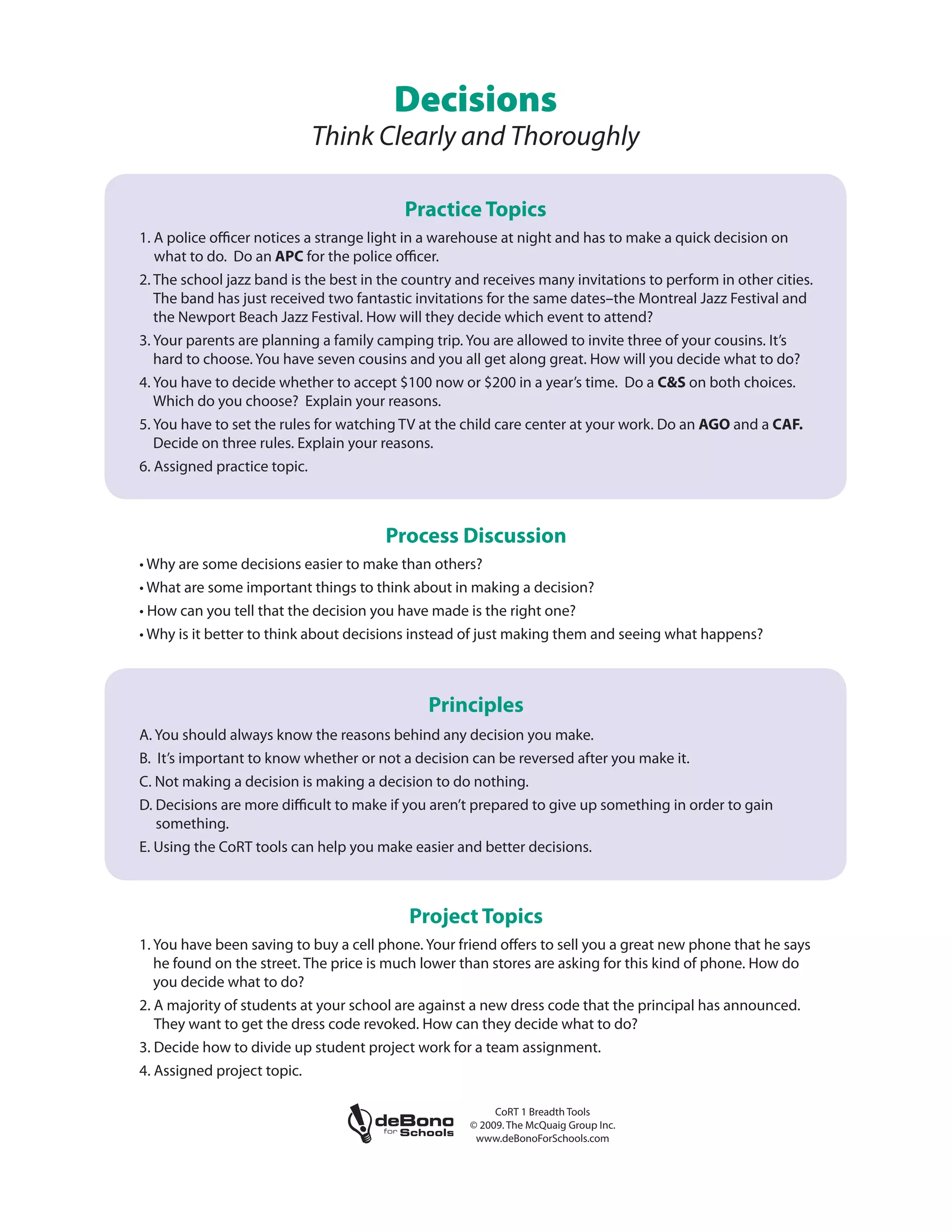 CoRT 1 Breadth Thinking Tools Workbook | PDF