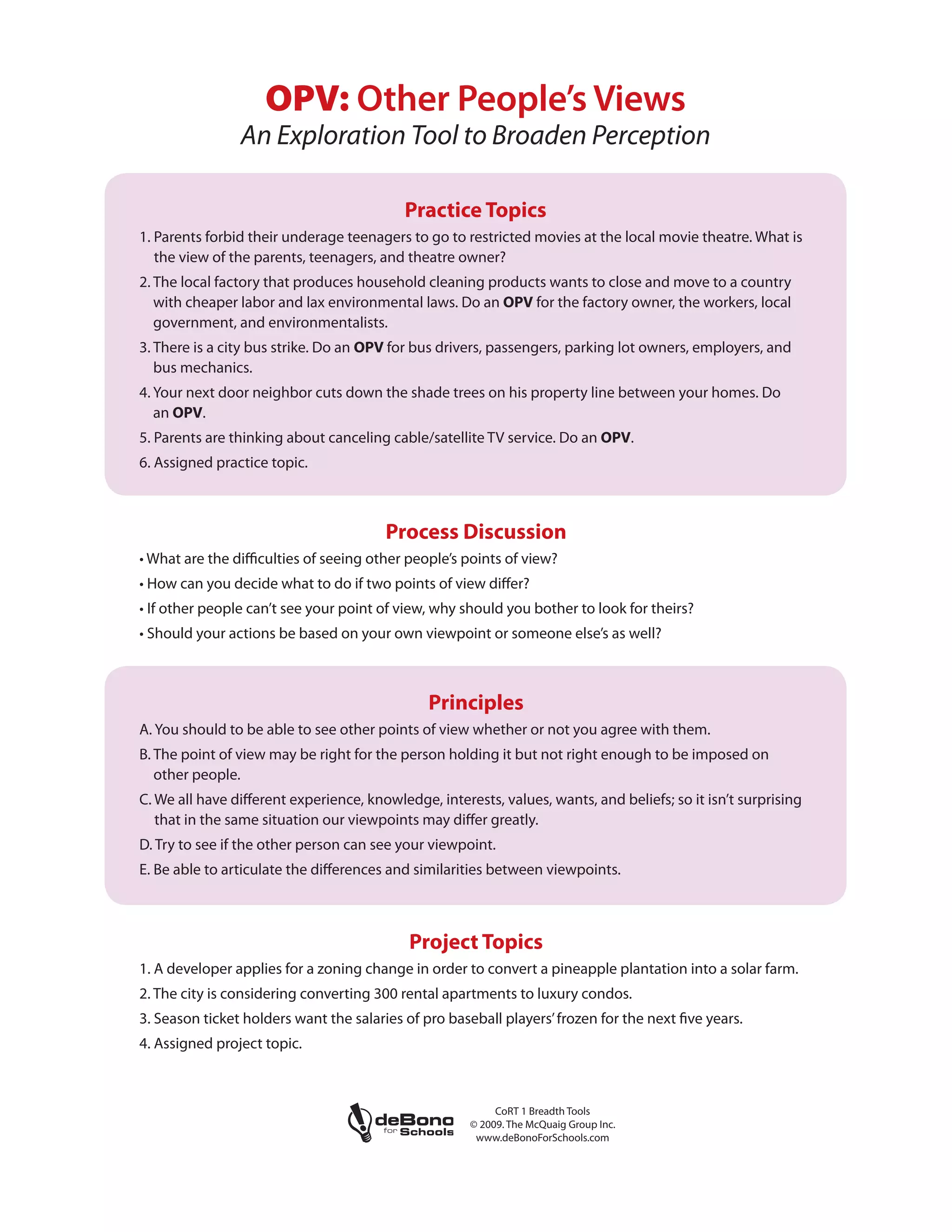 CoRT 1 Breadth Thinking Tools Workbook | PDF