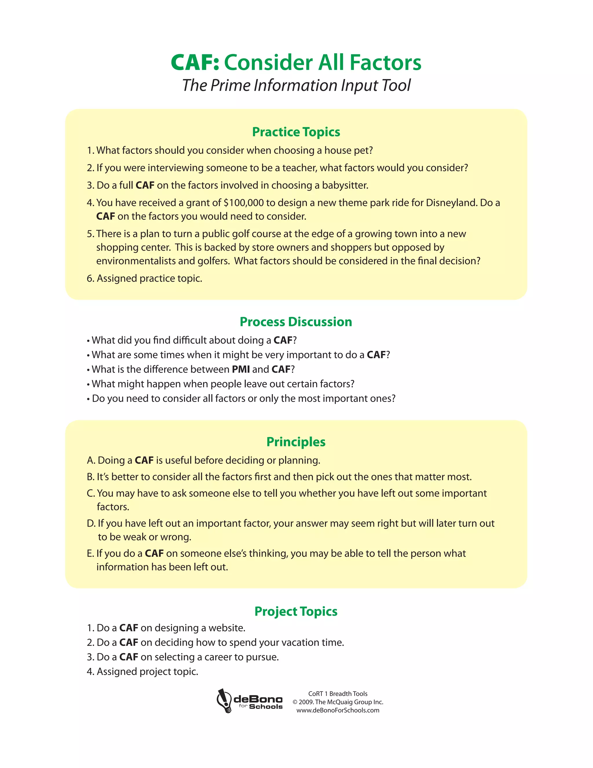 CoRT 1 Breadth Thinking Tools Workbook | PDF
