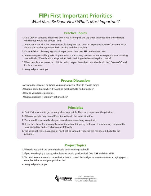 CoRT 1 Breadth Thinking Tools Workbook | PDF