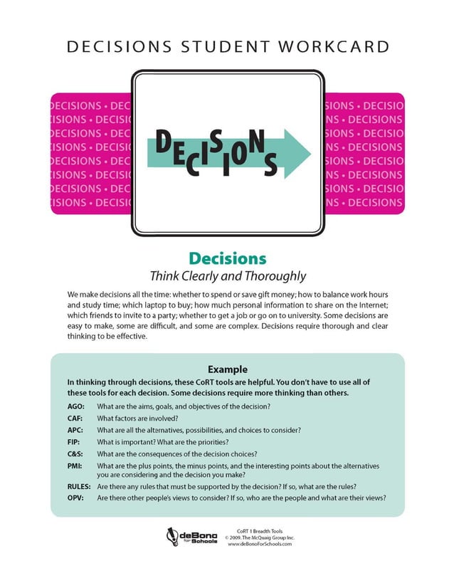 CoRT 1 Breadth Thinking Tools Workbook | PDF