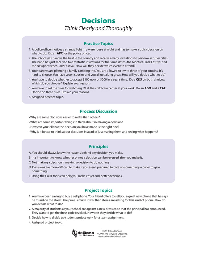 CoRT 1 Breadth Thinking Tools Workbook | PDF