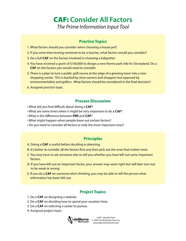 CoRT 1 Breadth Thinking Tools Workbook | PDF