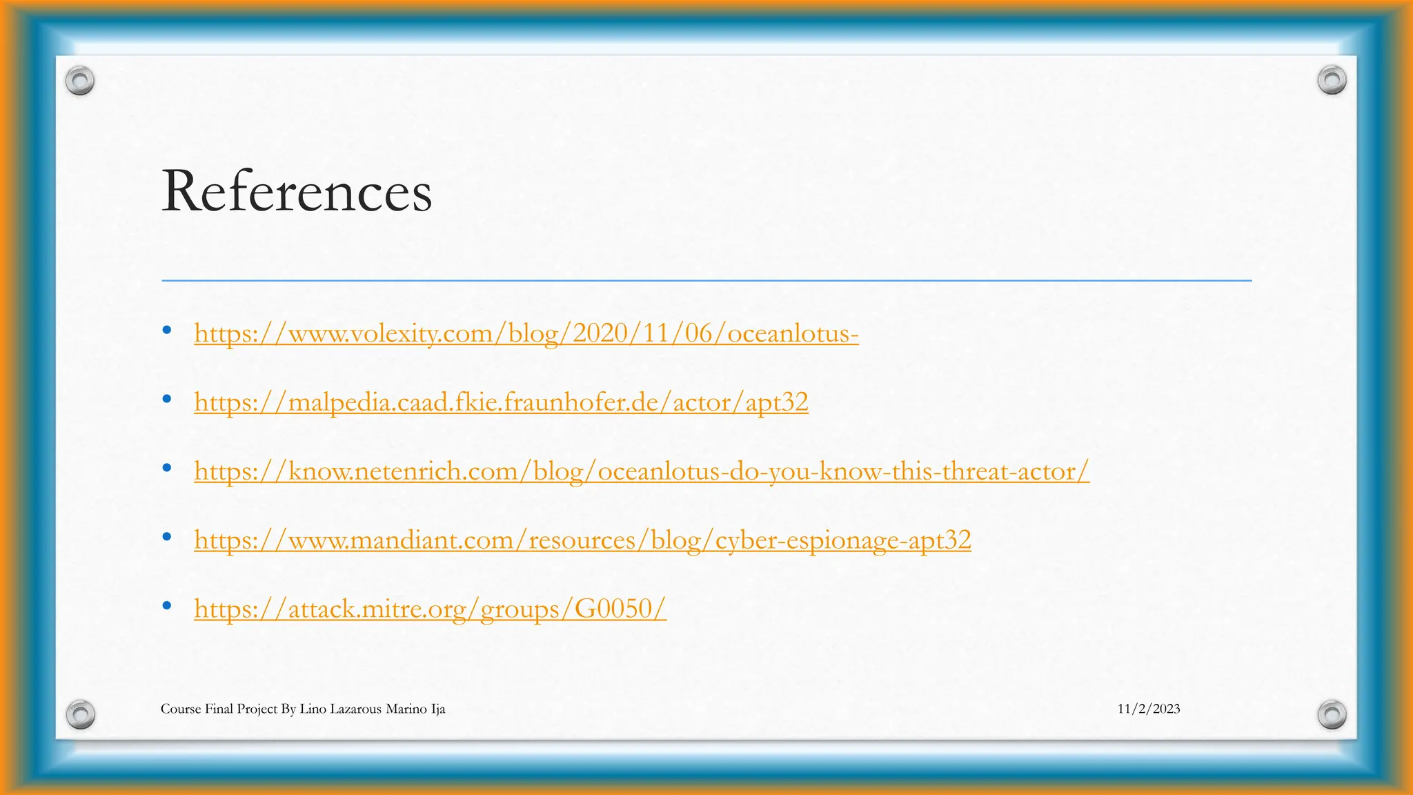 Course Final Project on OceanLotus by Lino Lazarous Marino Ija | PPTX