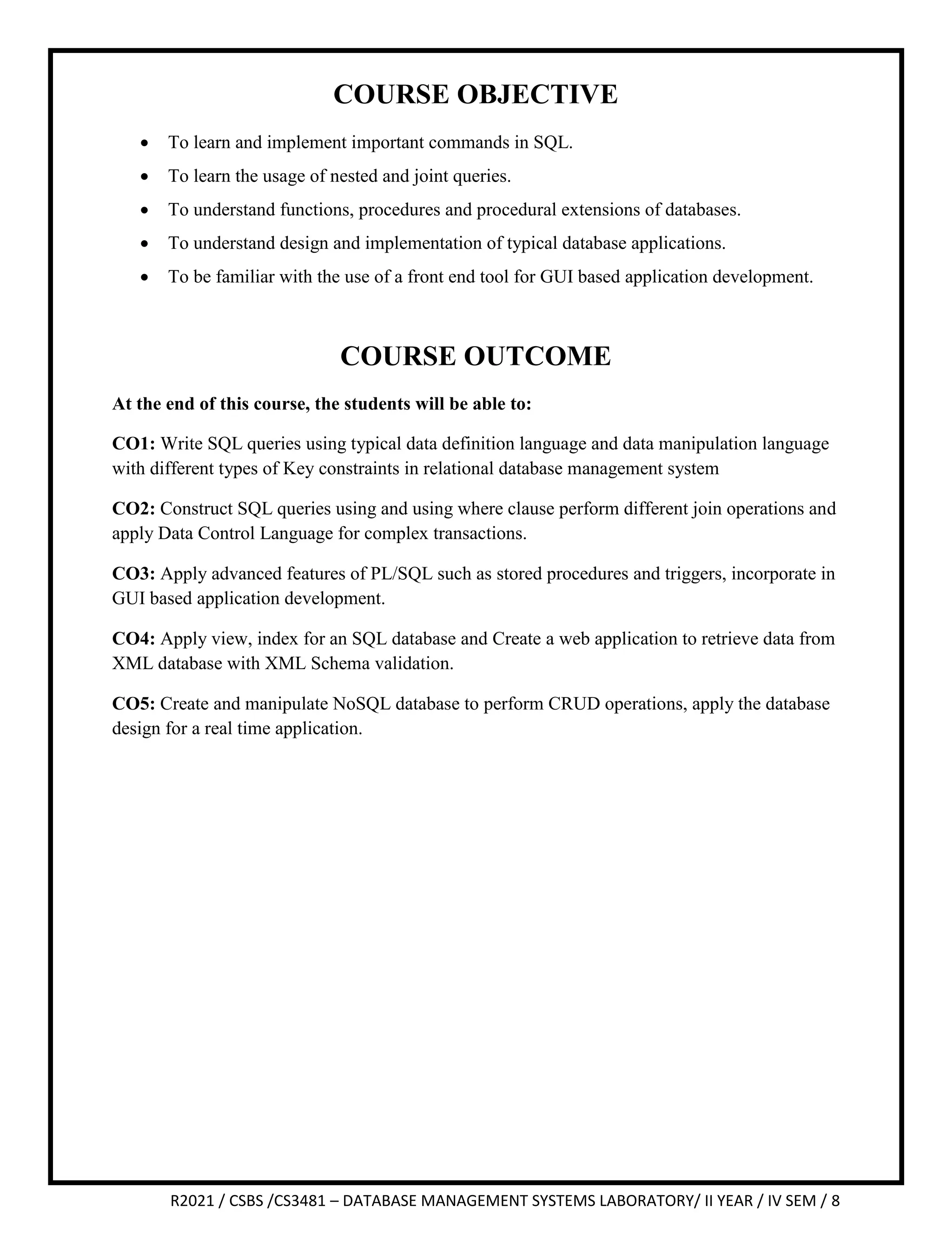 Final DBMS Manual (2).pdf final lab manual | PDF