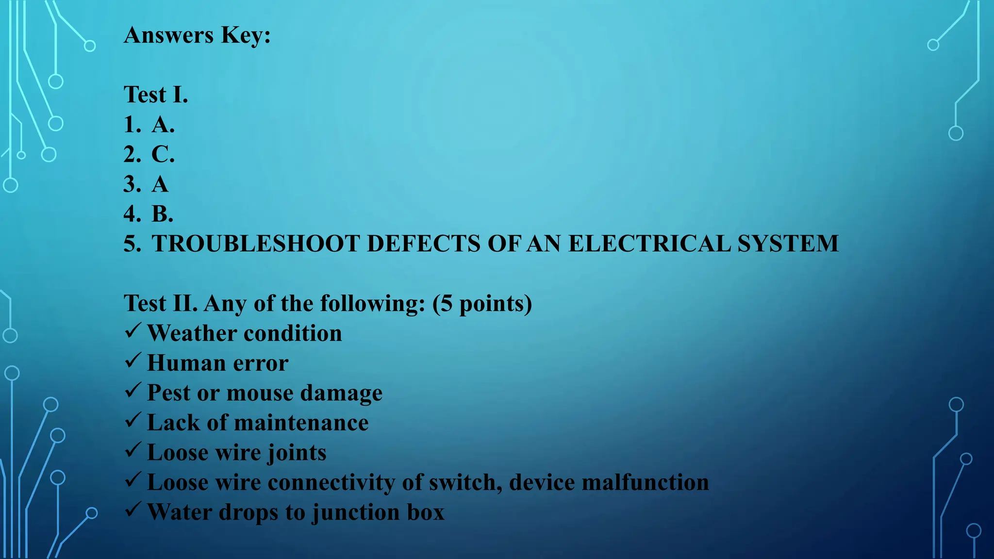 Trouble shooting electrical defects in ELECTRICAL INSTALLATION | PPTX