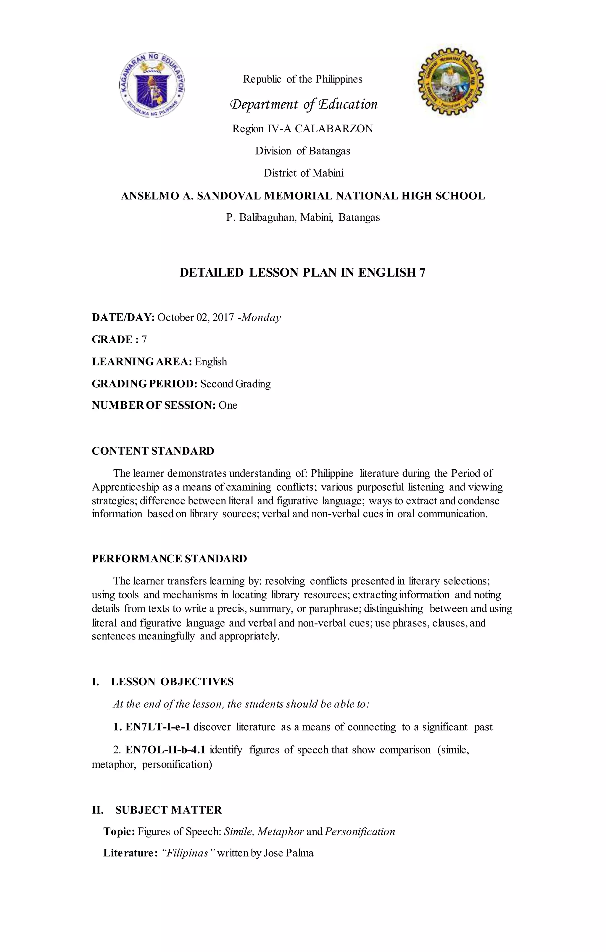 Final demo teaching english 7 figures of speech(october 02, 2017) | DOCX