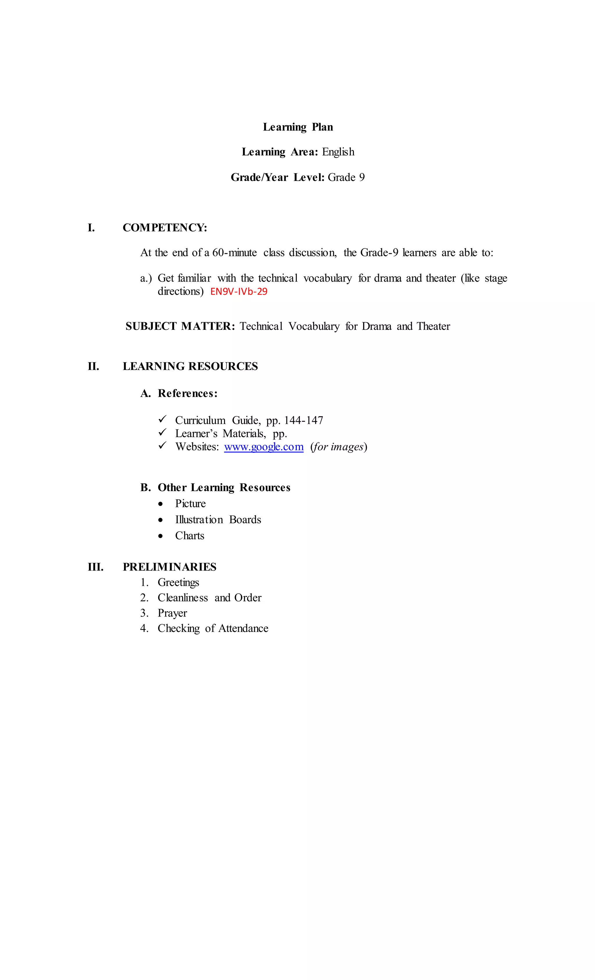 Final demo technical vocabulary for drama and theater Lesson Plan TMDI ...