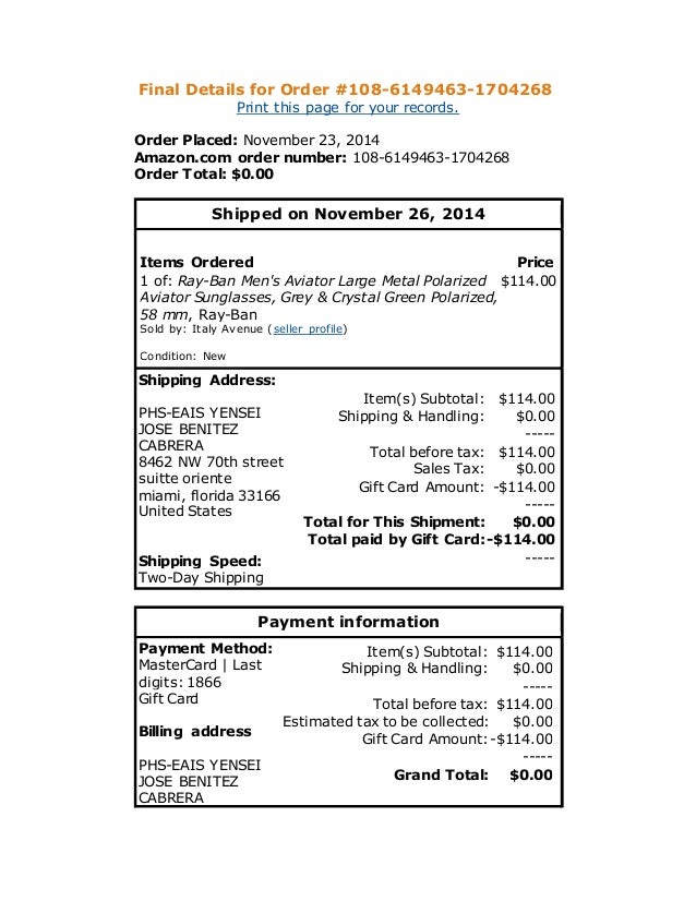 Final details for order