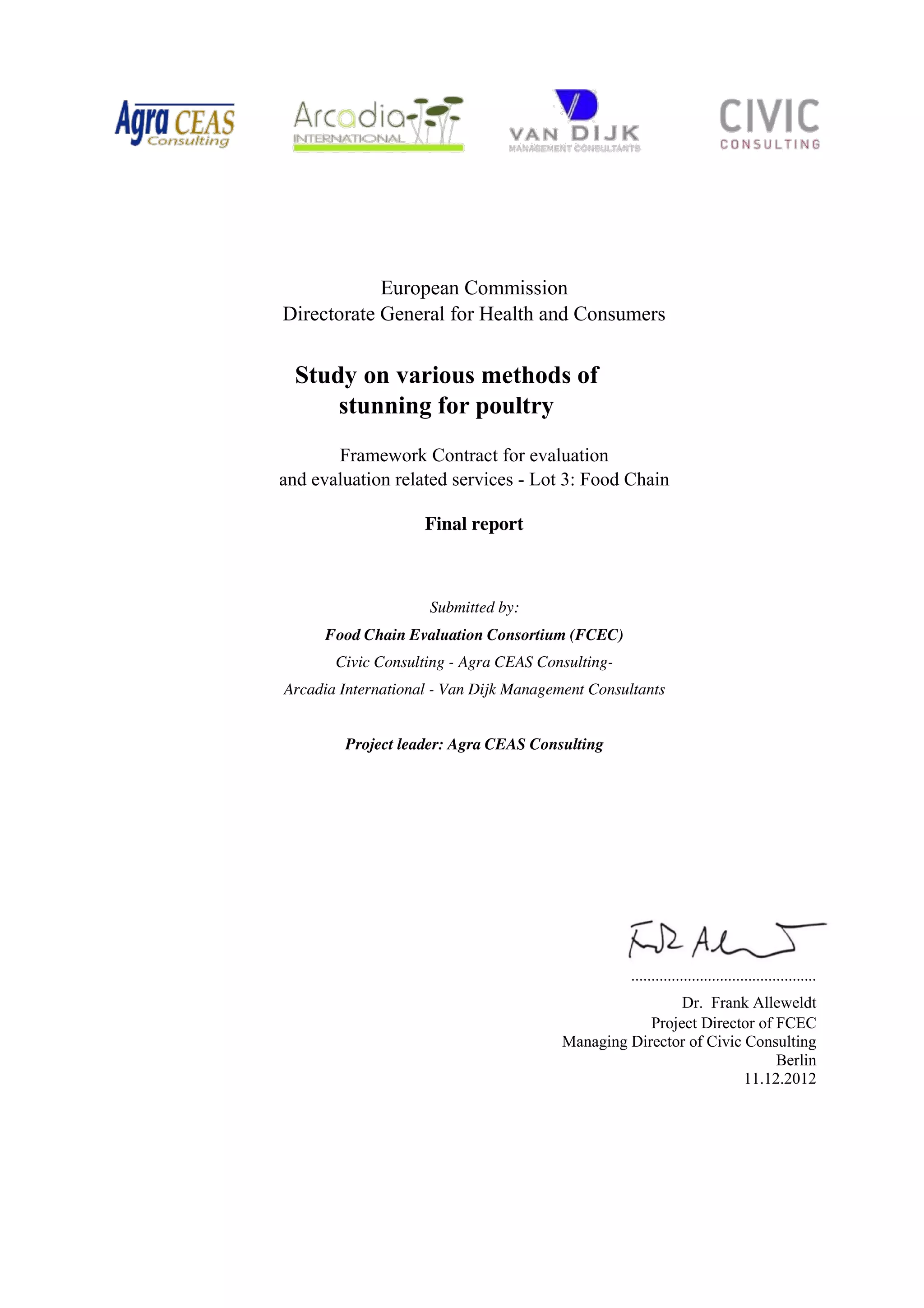 Final DG SANCO study on various methods of stunning for poultry | PDF