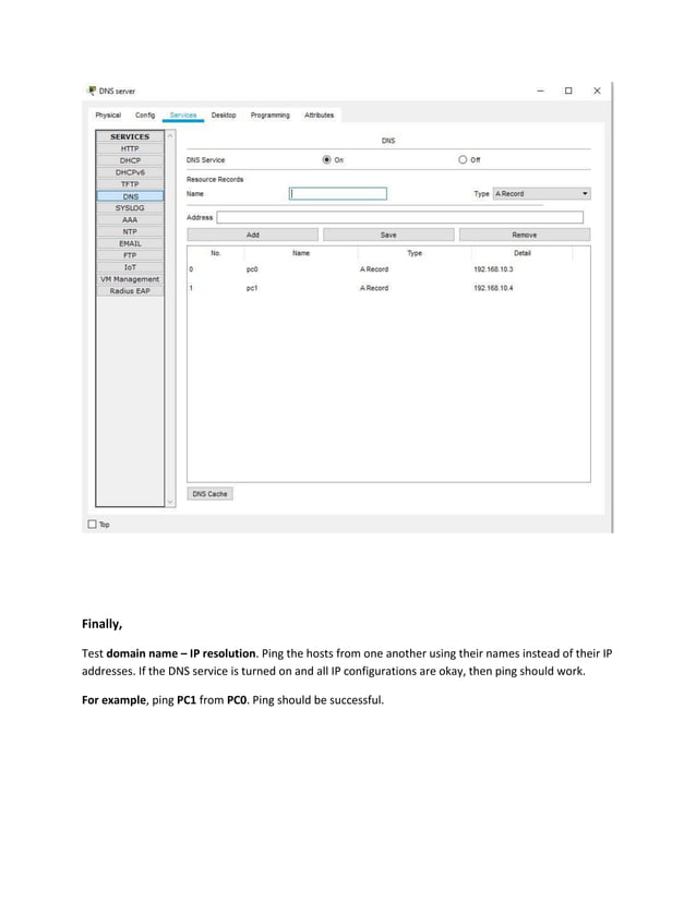DNS Server configuration in cisco packet tracer | PDF | Computer Networking | Computing