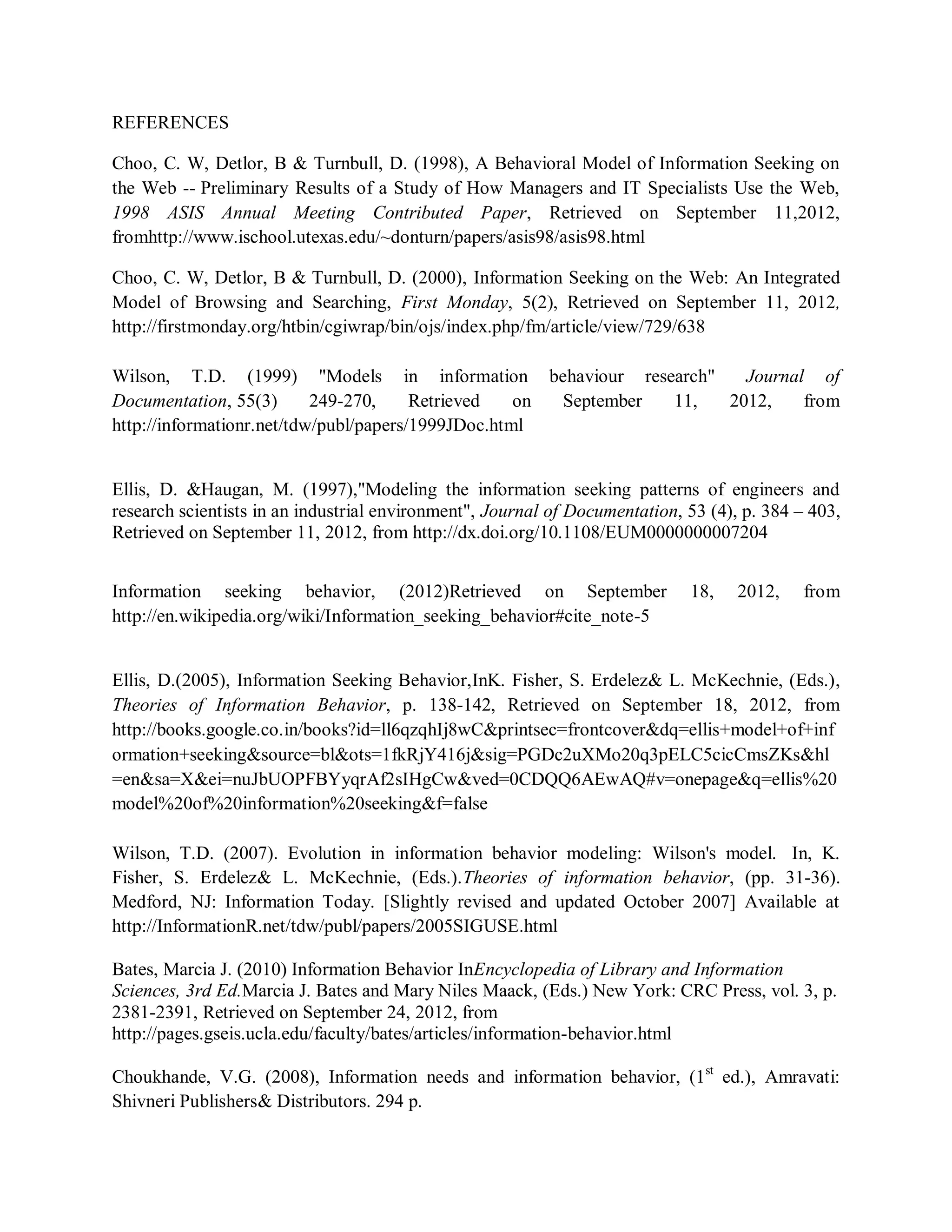 ellis model of information seeking behaviour | PDF