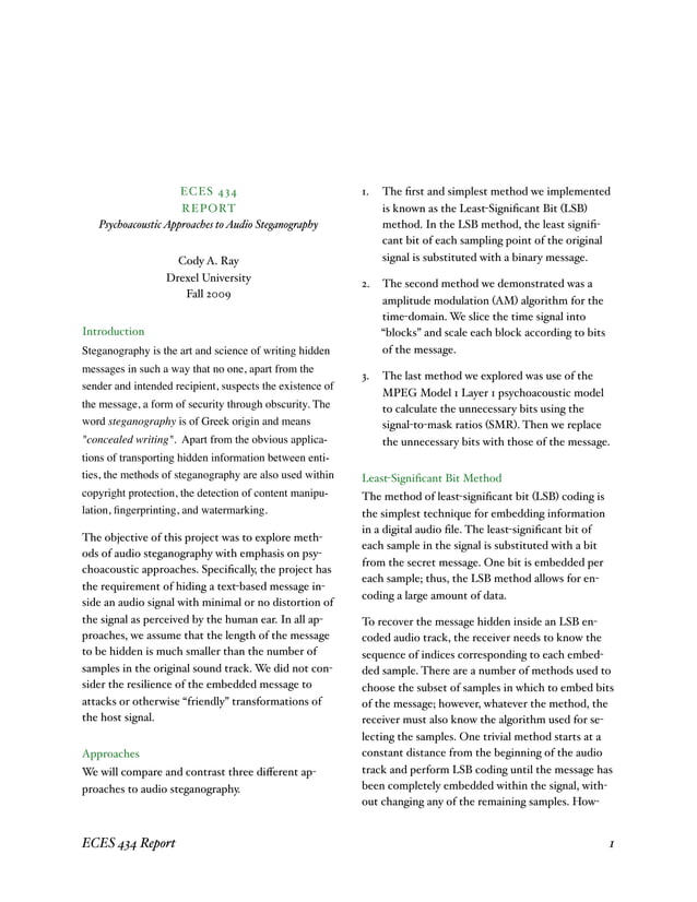 Psychoacoustic Approaches to Audio Steganography Report | PDF