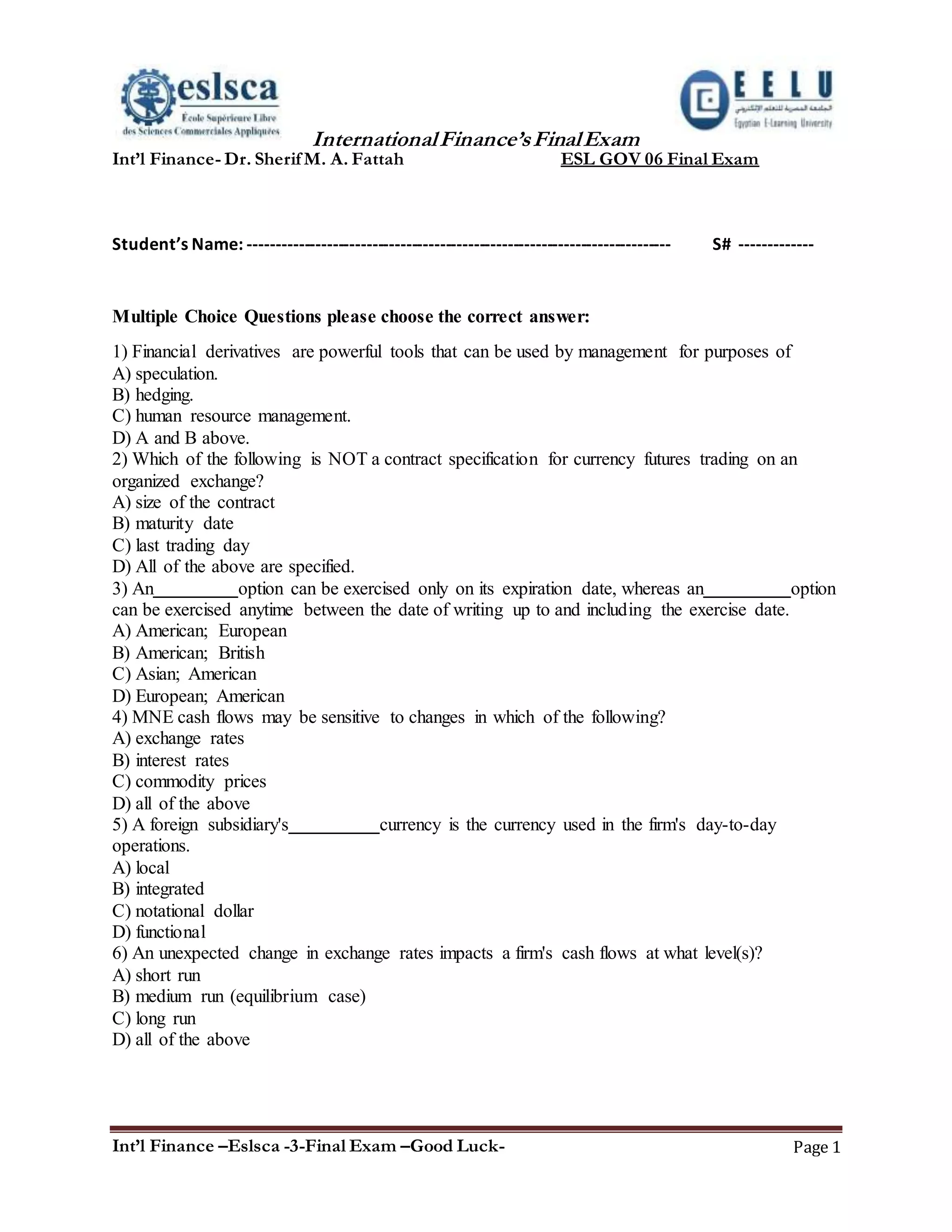 international finance Final exam | DOCX