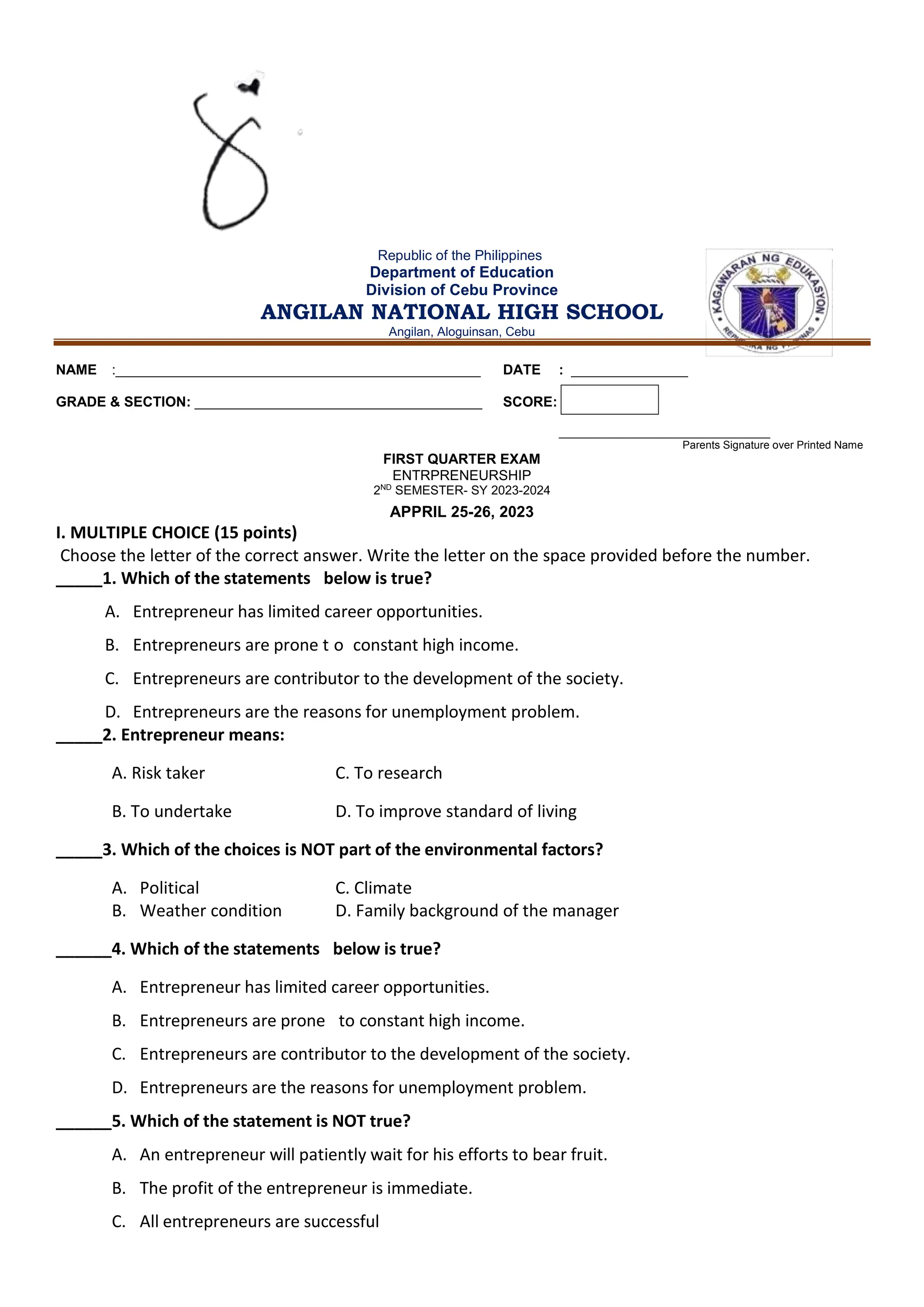 FINAL EXAM-ENTRPRENEURSHIP.docx | Career Advice | Careers