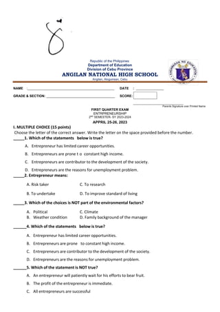 FINAL EXAM-ENTRPRENEURSHIP.docx | Career Advice | Careers