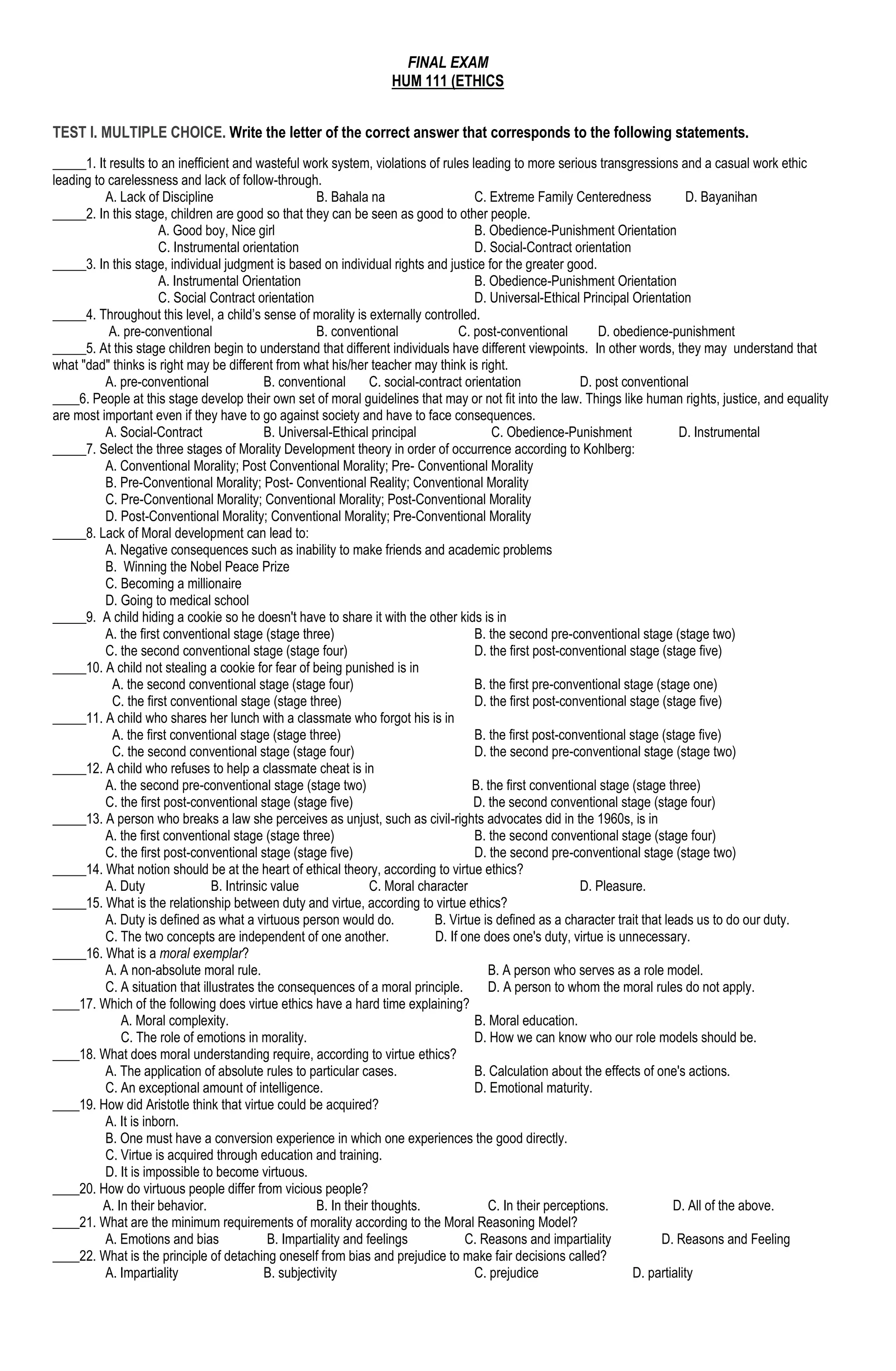 FINAL EXAMINATIONS IN HUMANITIES 111-ETHICS | PDF