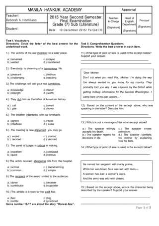 Final exam 2 (grade 7 literature) | DOCX