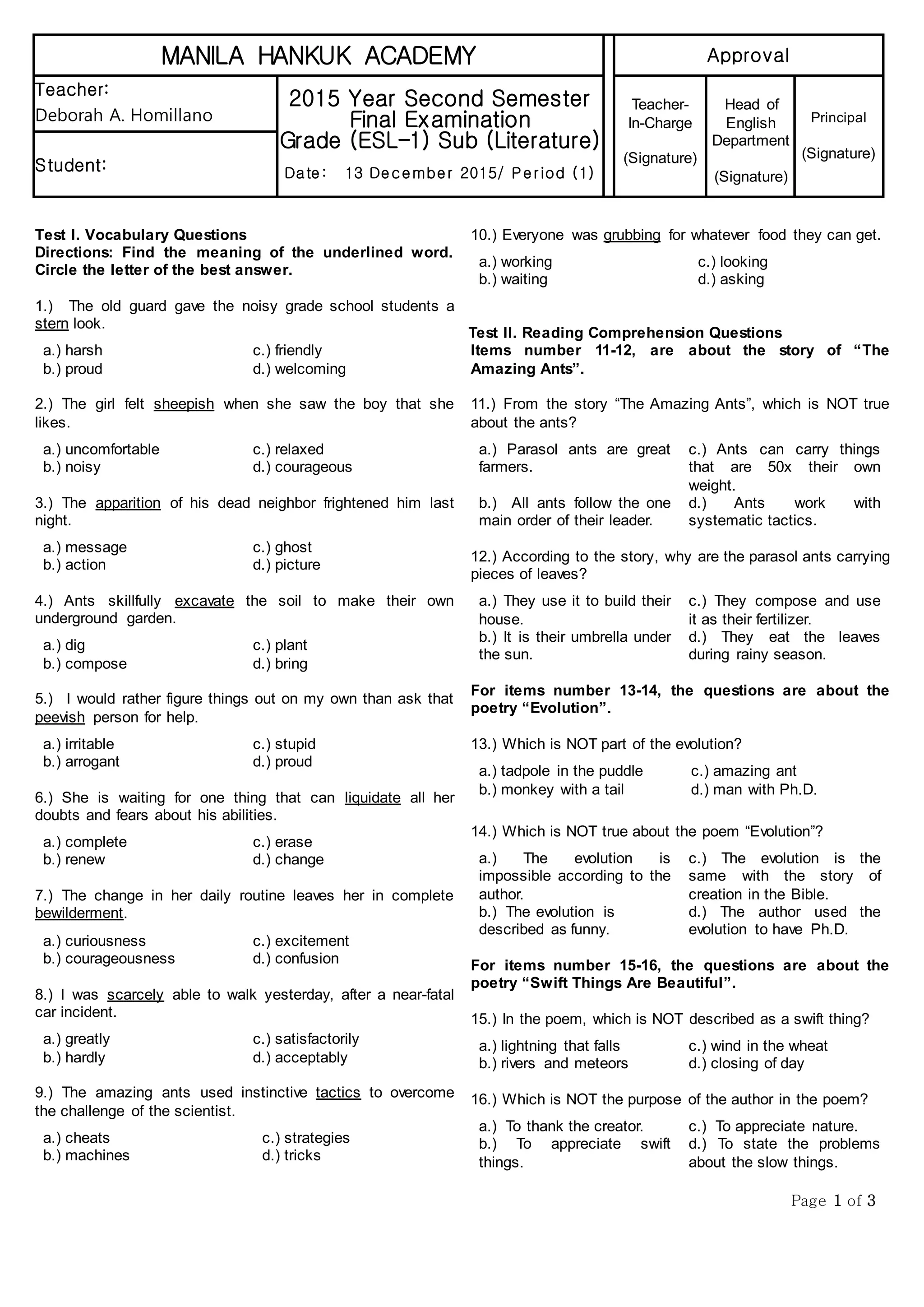 Final exam 2 (grade 8 esl) | DOCX