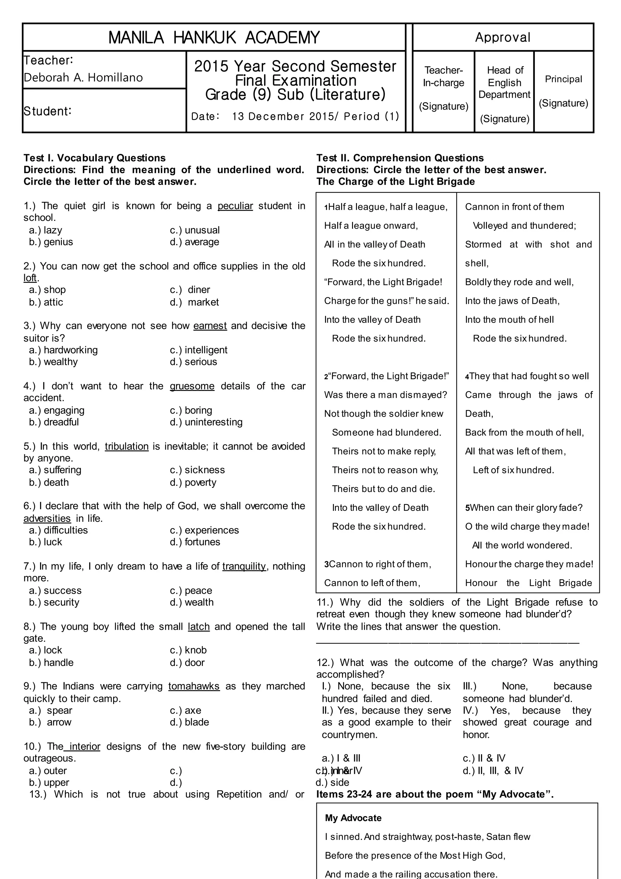 Final exam 2 (grade 9 literature 2nd sem) | DOCX