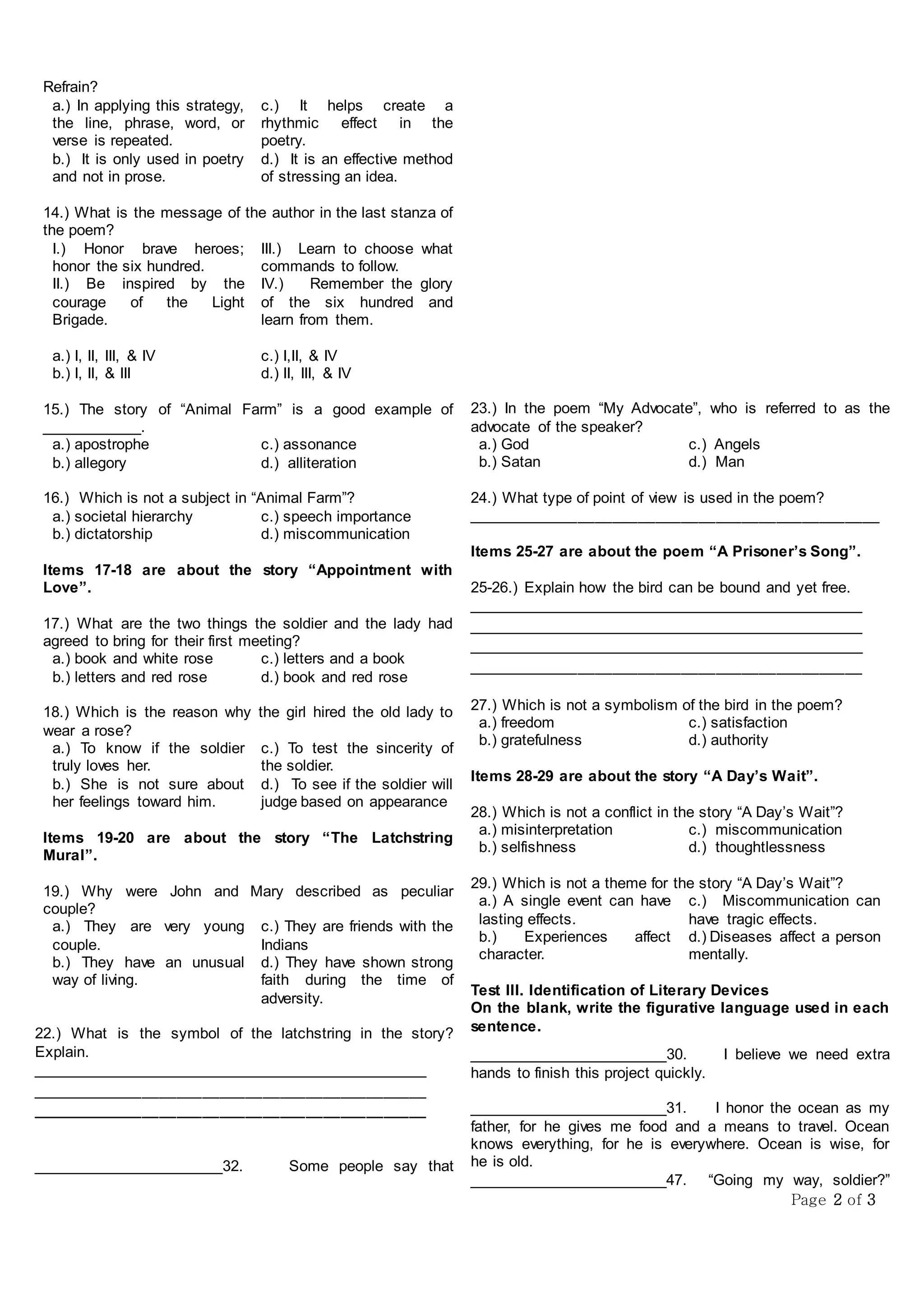 Final exam 2 (grade 9 literature 2nd sem) | DOCX