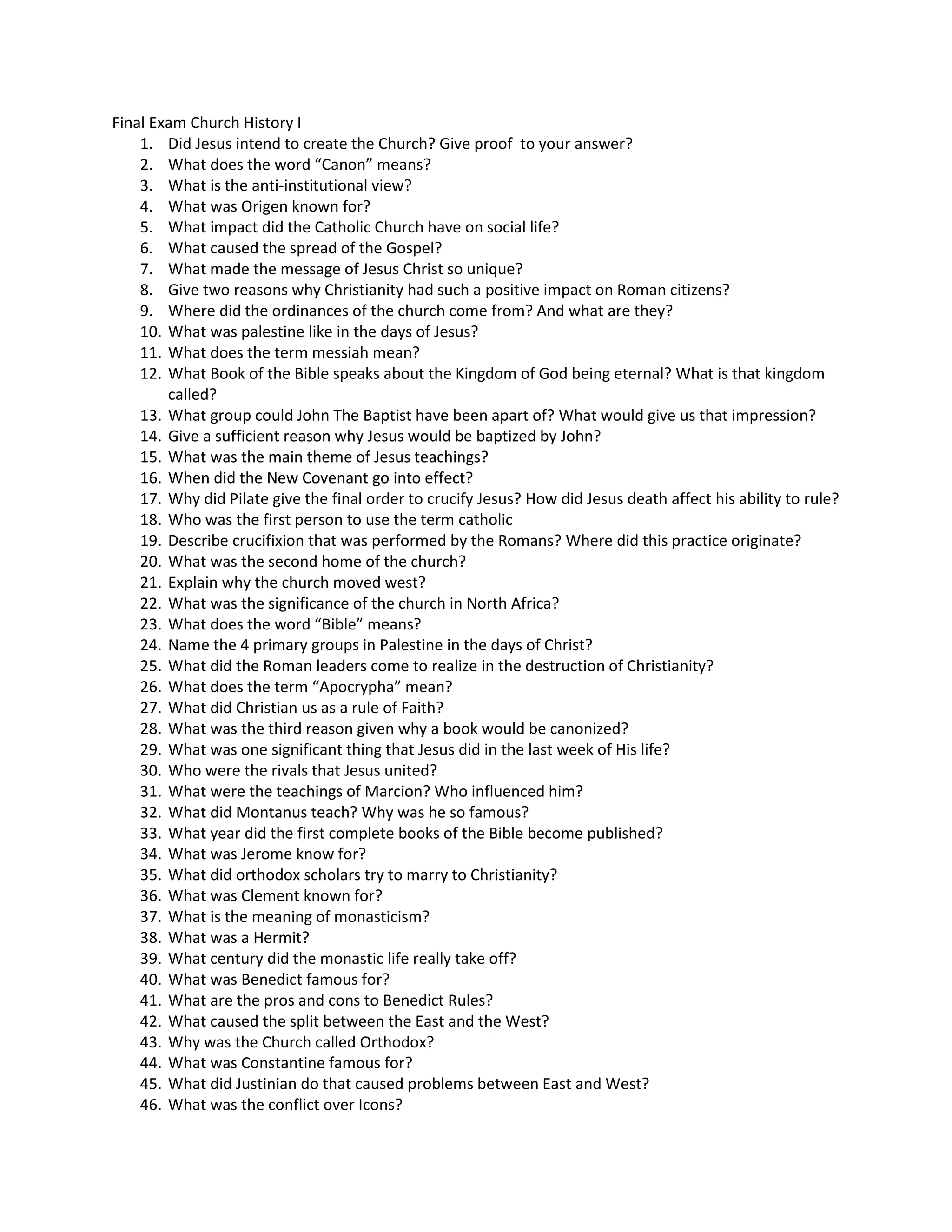 Final exam church history i | DOCX