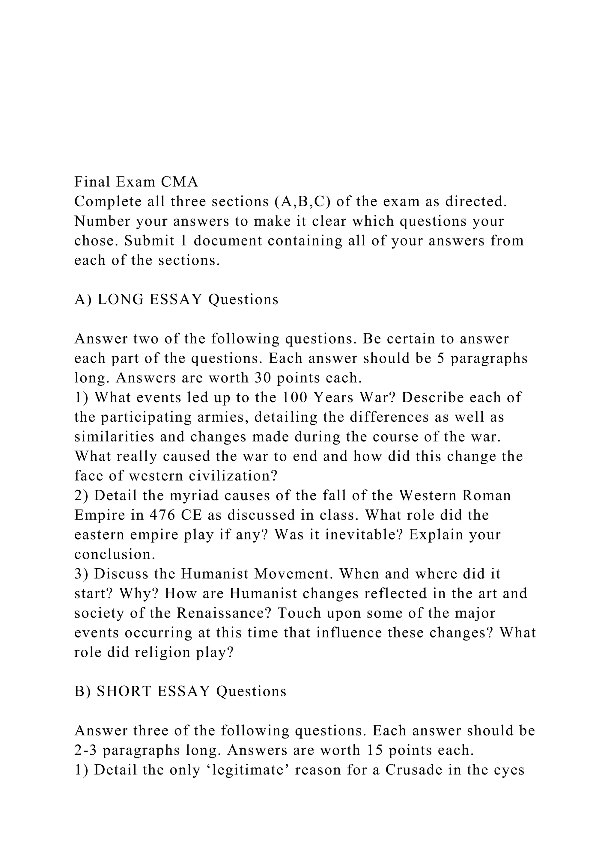 Final Exam CMA Complete all three sections (A,B,C) of the .docx